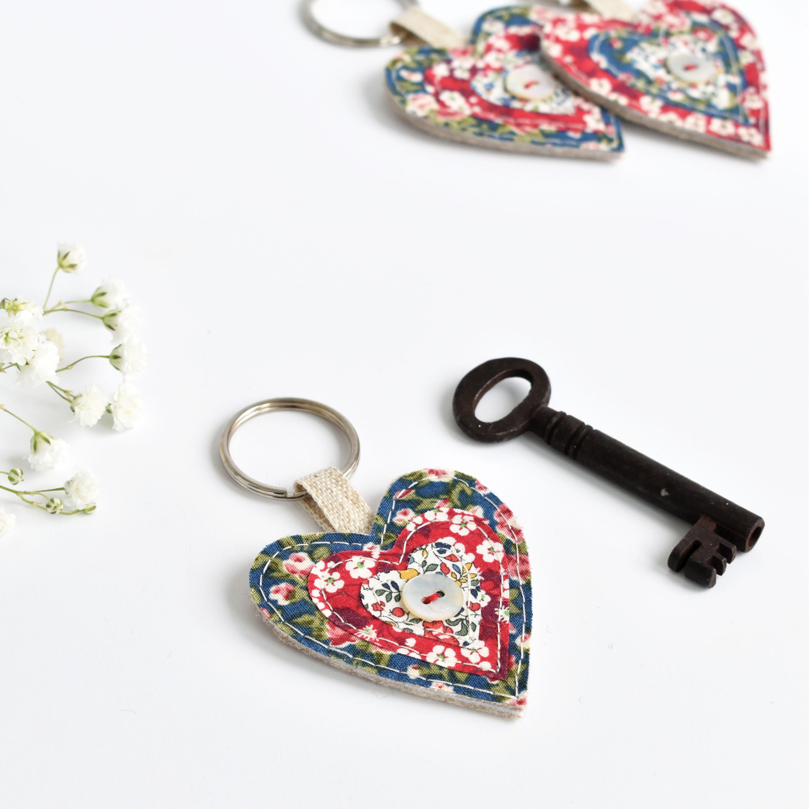 Embroidered heart key ring, Sewn fabric heart keyring by Stitch Galore