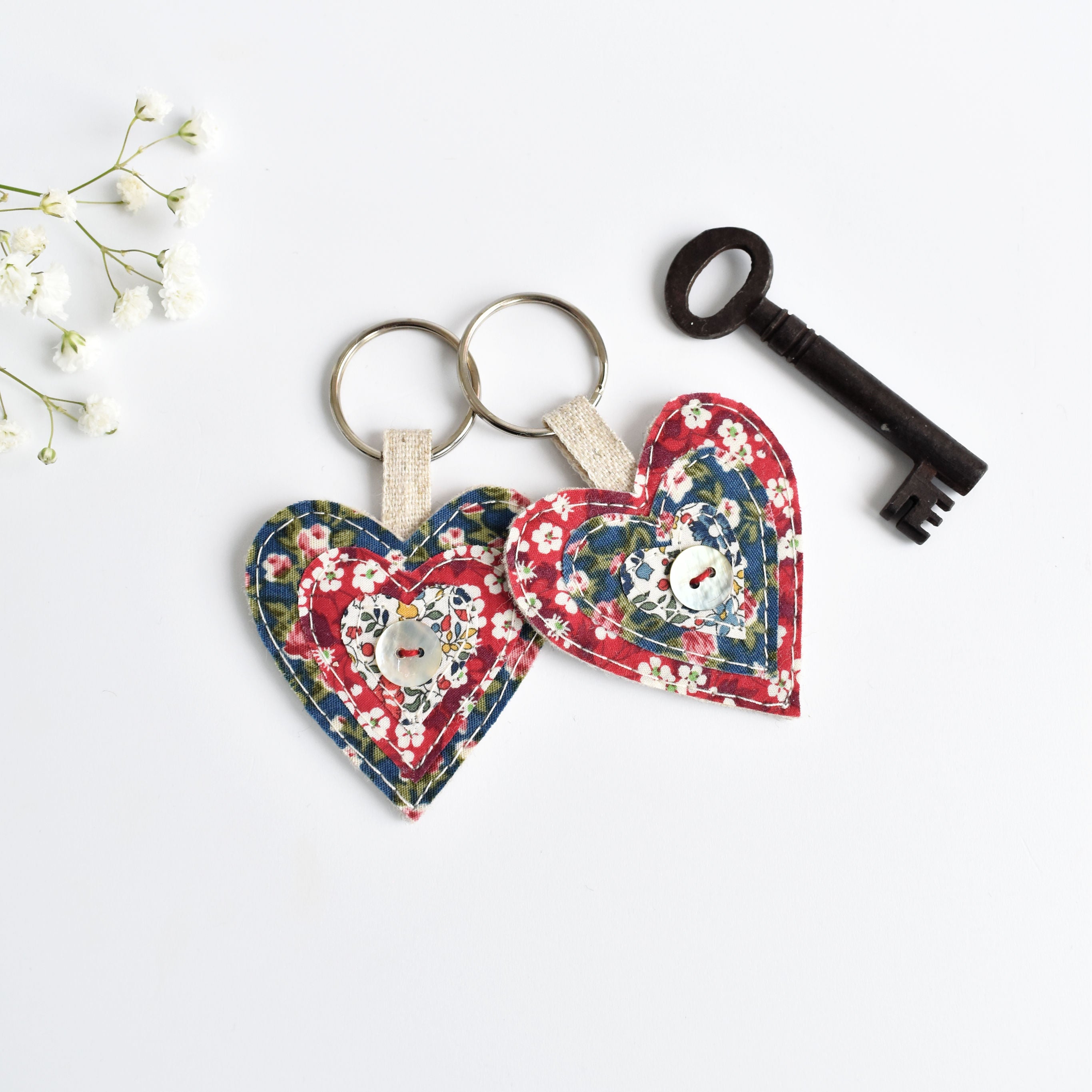 Embroidered heart key ring, Sewn fabric heart keyring by Stitch Galore