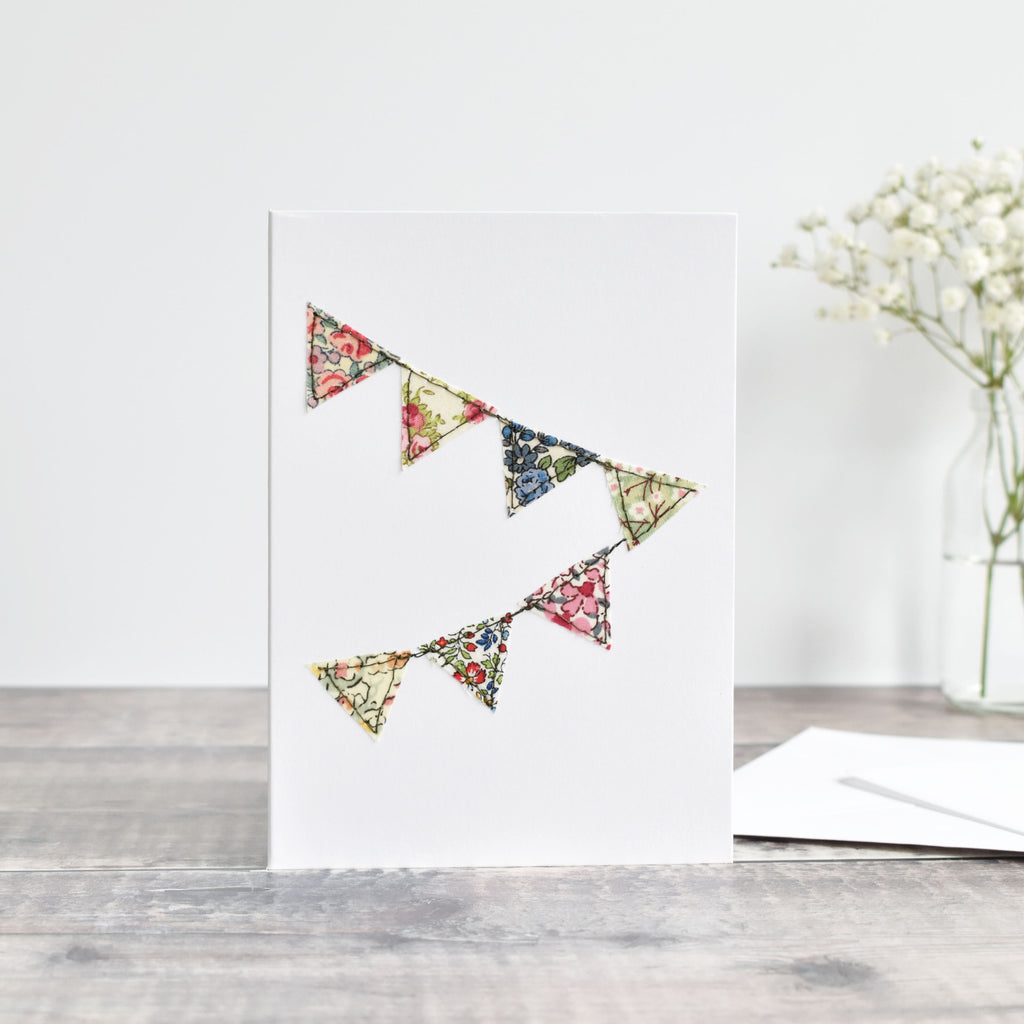 Embroidered fabric bunting card, Handmade bunting card, Sewn card ...